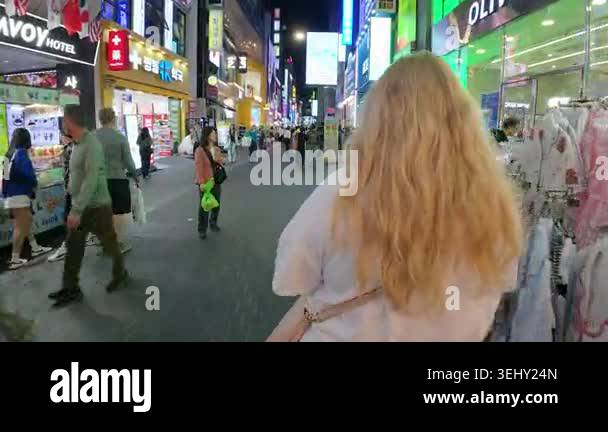 Seoul, Korea - April 19 2026: Night walk through the vibrant downtown ...