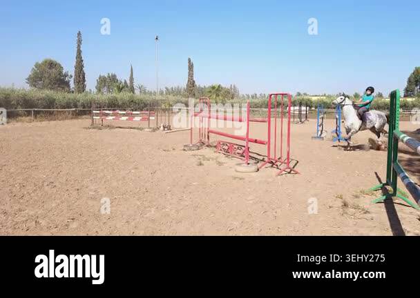 Close-up of a bay horse and rider jumping over a fence in an outdoor ...