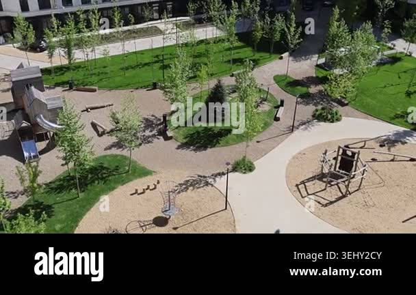 Aerial view urban courtyard playground summer empty modern play area ...