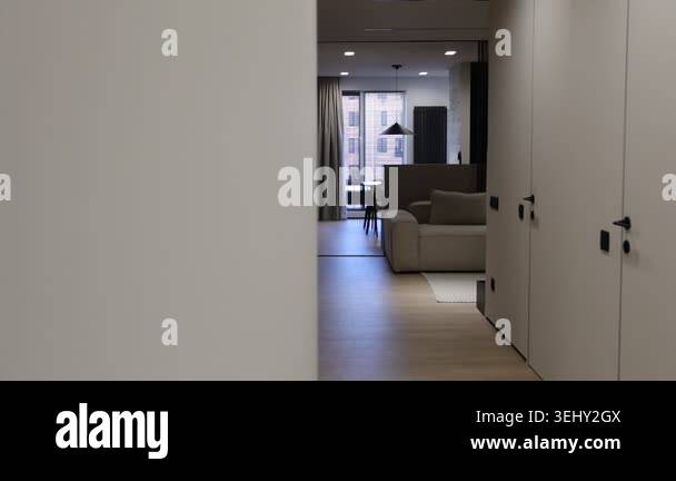 Long corridor framing open living room view, warm wood floor, recessed ...