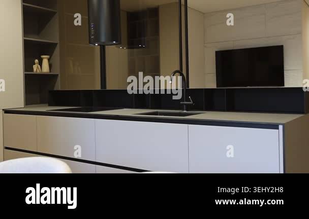 Sleek Black Countertop With Sink And Faucet, Minimalist Island And ...