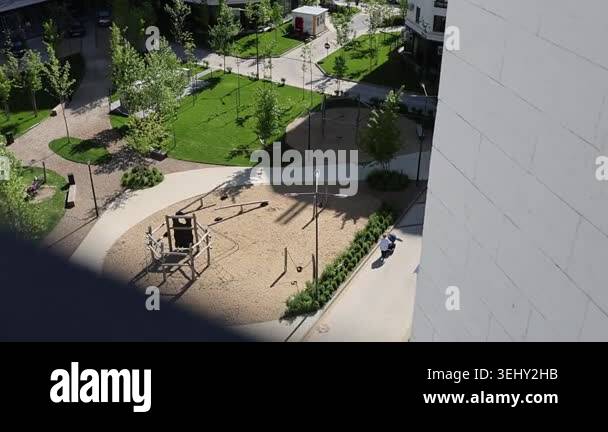 Aerial View Playground Shadowed Building Facade Single Pedestrian ...