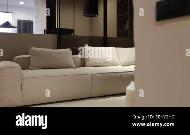 Cozy Beige Sofa With Cushions And Throw, Modern Lounge Area With Soft ...