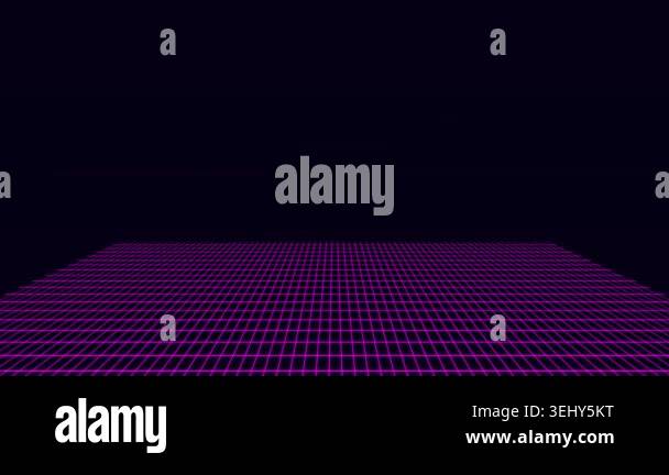 A glowing purple neon digital grid receding into a deep black ...