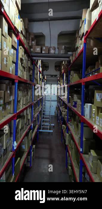 Warehouse aisle with tall shelves packed with boxes. Metal ladder leans ...