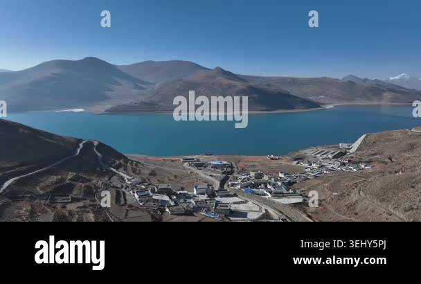 Aerial footage of beautiful landscape of Yamdrok Yumtso lake in Tibet ...
