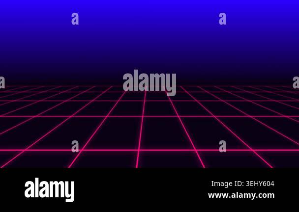 This features a digital retro-style landscape with a glowing neon pink ...