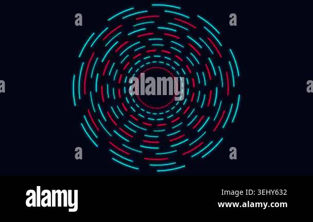 Abstract circular pattern with glowing red and blue neon light segments ...