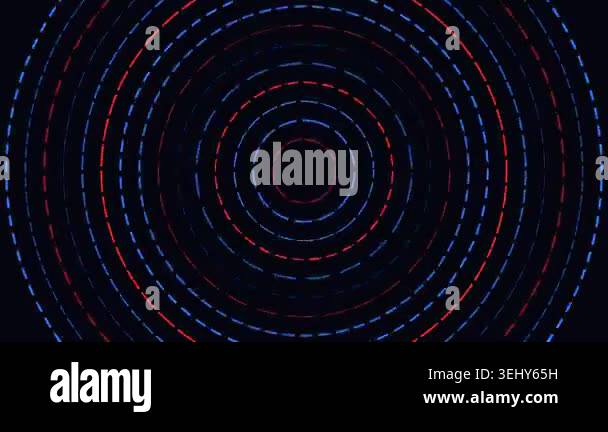 Concentric rings of red and blue light dashes on a dark background ...