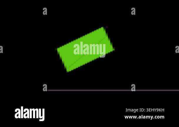 A large green rectangle tilted on a black background with a small ...