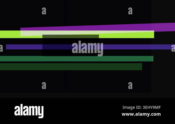 Abstract composition with overlapping horizontal bars of purple, lime ...
