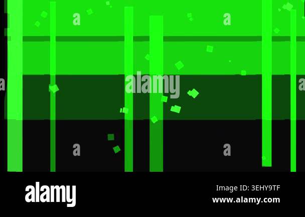 Abstract green vertical bars with scattered squares on a dark ...