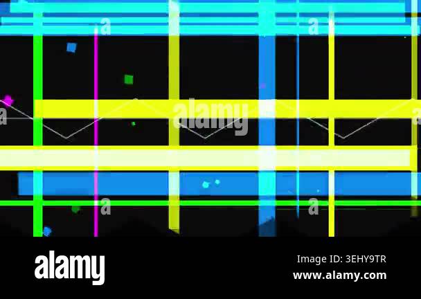 Abstract geometric pattern with bright colors and confetti on a black ...