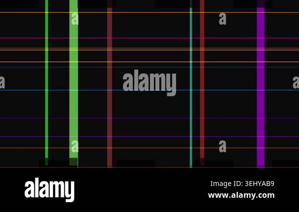 Abstract vertical stripes of green, red, blue, and purple on a black ...