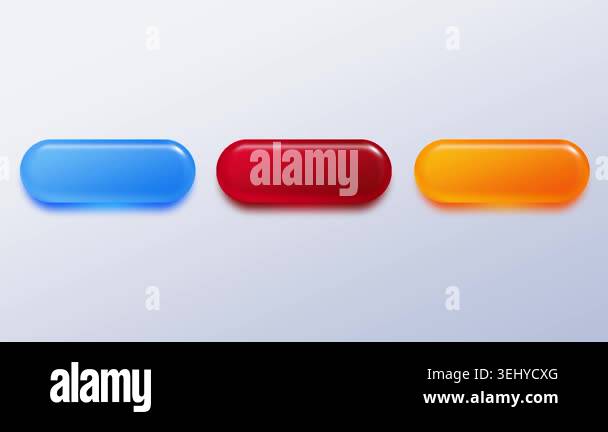 Three colored pill-shaped buttons in blue red and orange are arranged ...