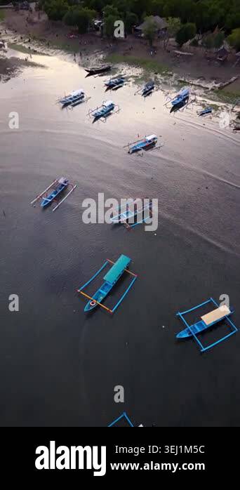 Aerial Top Down View of Traditional Balinese Jukung Fishing Boats ...