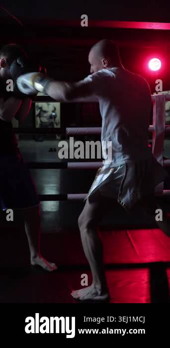 Two male athletes sparring in a boxing ring, practicing punches and ...