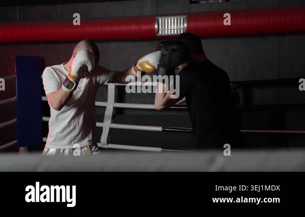 Two athletic men in boxing gloves training and fighting during a ...