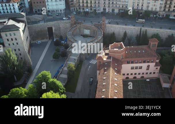 Aerial drone footage of Teruels famous El Salvador tower in Spain. High ...