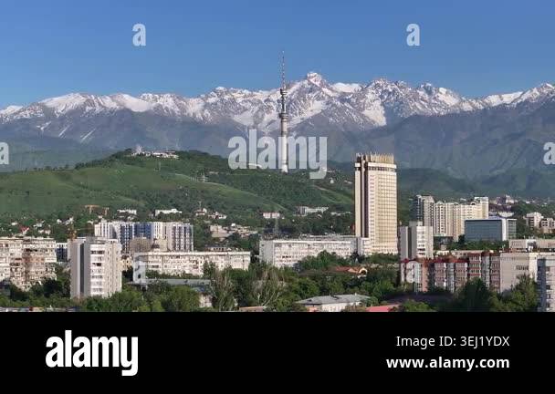 A quadcopter aerial view of the central part of Almaty, Kazakhstan, on ...