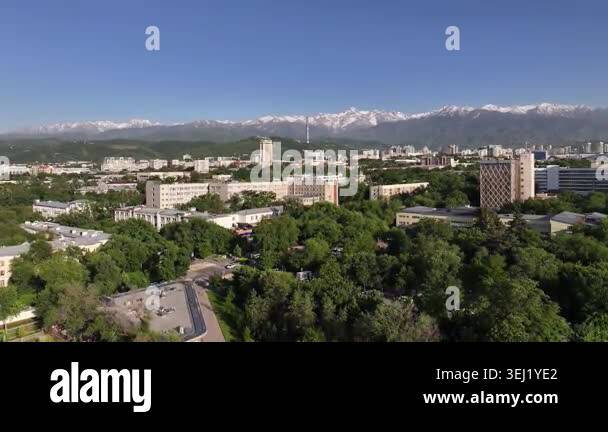 A quadcopter aerial view of the central part of Almaty, Kazakhstan, on ...