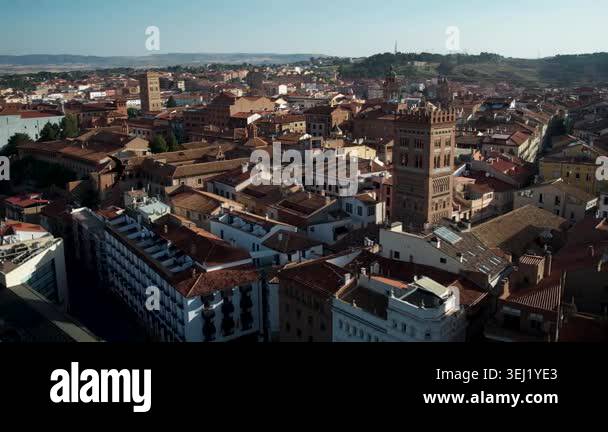Aerial drone footage of Teruels famous El Salvador tower in Spain. High ...
