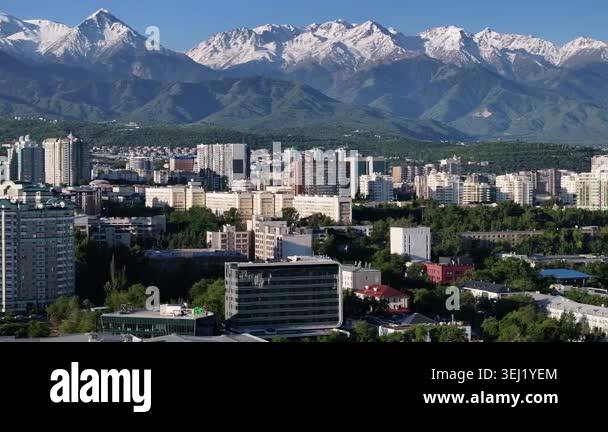 A quadcopter aerial view of the central part of Almaty, Kazakhstan, on ...
