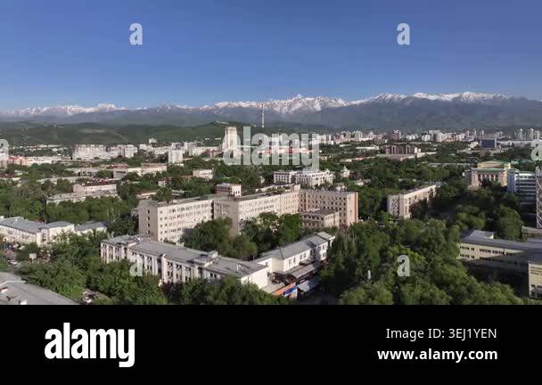 A quadcopter aerial view of the central part of Almaty, Kazakhstan, on ...