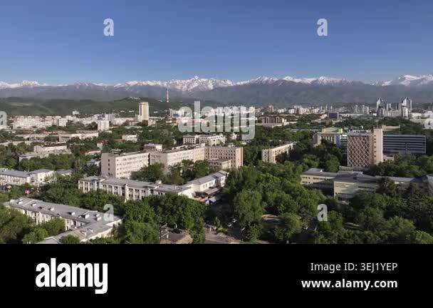 A quadcopter aerial view of the central part of Almaty, Kazakhstan, on ...