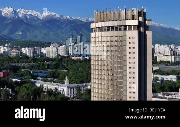 A quadcopter aerial view of the central part of Almaty, Kazakhstan, on ...