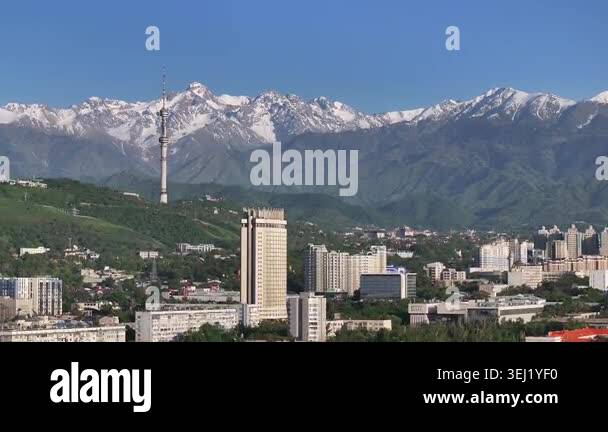 A quadcopter aerial view of the central part of Almaty, Kazakhstan, on ...