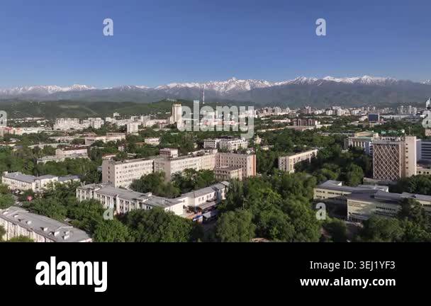 A quadcopter aerial view of the central part of Almaty, Kazakhstan, on ...