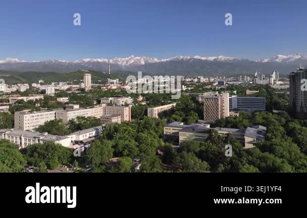 A quadcopter aerial view of the central part of Almaty, Kazakhstan, on ...