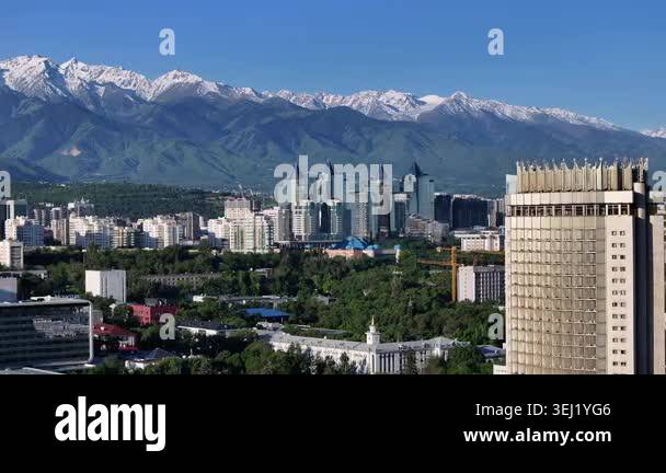 A quadcopter aerial view of the central part of Almaty, Kazakhstan, on ...