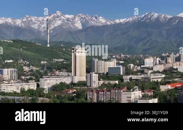 A quadcopter aerial view of the central part of Almaty, Kazakhstan, on ...
