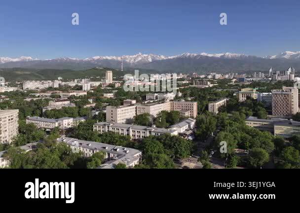 A quadcopter aerial view of the central part of Almaty, Kazakhstan, on ...