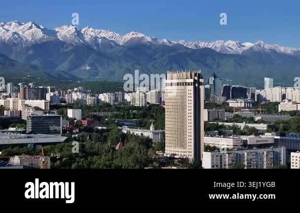 A quadcopter aerial view of the central part of Almaty, Kazakhstan, on ...