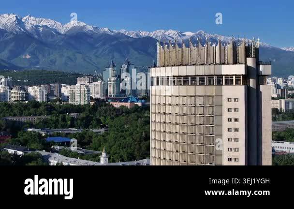 A quadcopter aerial view of the central part of Almaty, Kazakhstan, on ...