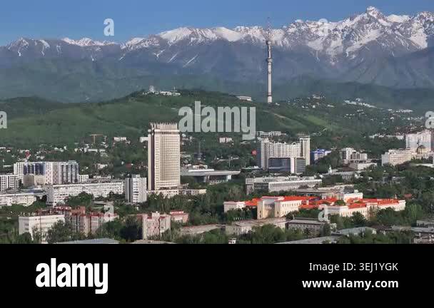 A quadcopter aerial view of the central part of Almaty, Kazakhstan, on ...
