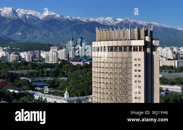 A quadcopter aerial view of the central part of Almaty, Kazakhstan, on ...