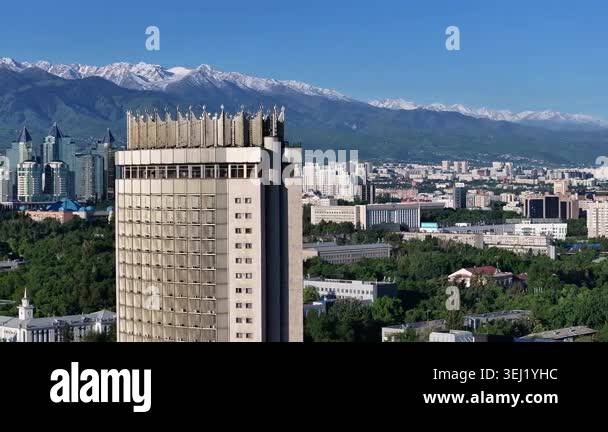A quadcopter aerial view of the central part of Almaty, Kazakhstan, on ...