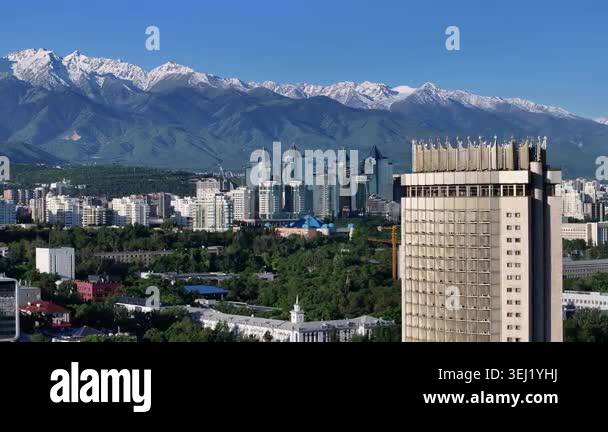 A quadcopter aerial view of the central part of Almaty, Kazakhstan, on ...