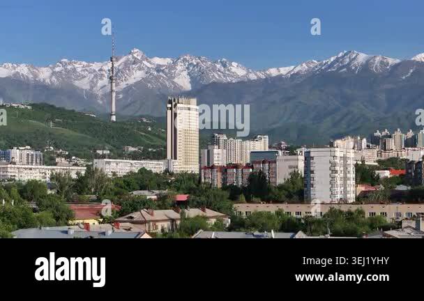 A quadcopter aerial view of the central part of Almaty, Kazakhstan, on ...