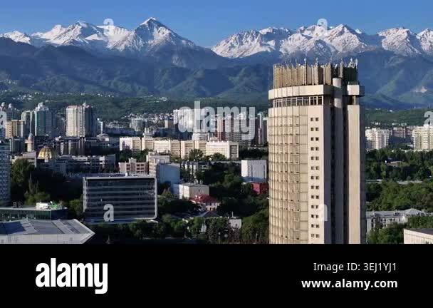 A quadcopter aerial view of the central part of Almaty, Kazakhstan, on ...