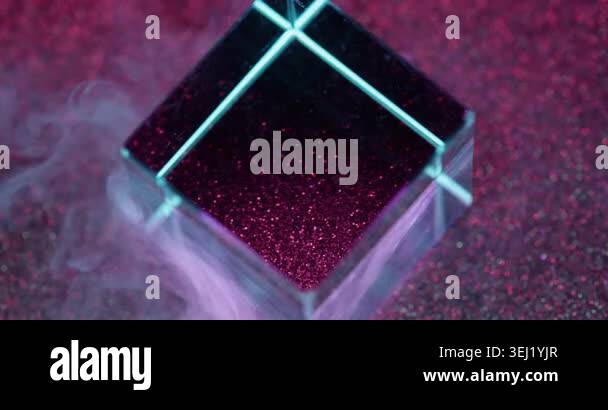 Geometric cube. Neon fume. Defocused blue pink purple color vapor ...
