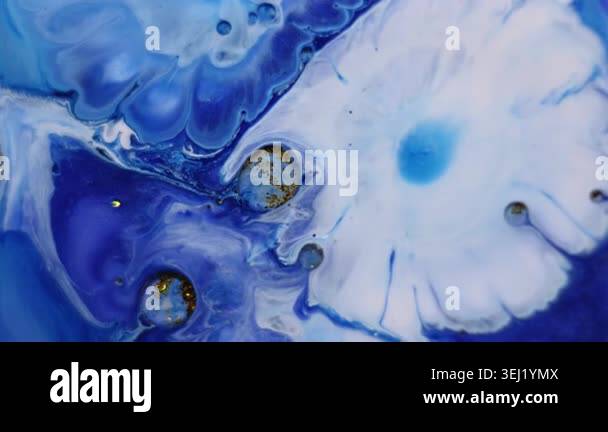 Paint spill. Dye drop water. White blob bloom mix blue enamel glitter ...