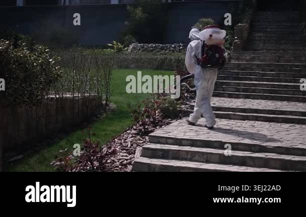 Worker in protective suit spraying garden with pesticide using backpack ...