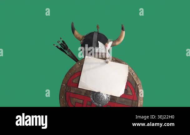 Medieval Viking warrior with blank paper sign on shield and arrow on ...