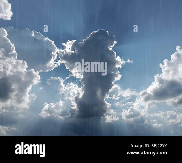dark clouds in the shape of a double exposure of a blue sky with ...