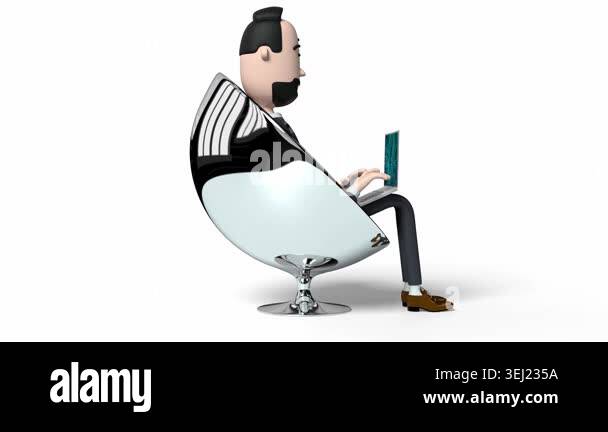 Cartoon Businessman Sitting in Chair and Working on Laptop Stock Video ...